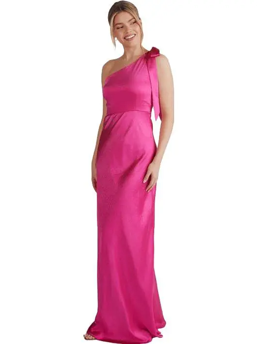 SIX STORIES One-shoulder Satin Bridesmaid Dress With Bow - Fuchsia