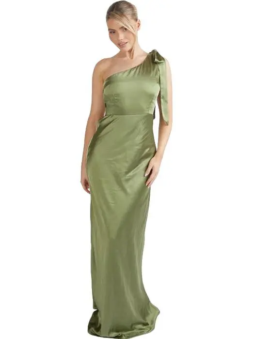 SIX STORIES One-shoulder Satin Bridesmaid Dress With Bow - Moss Green