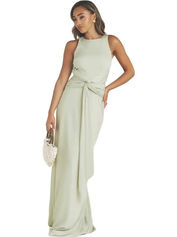 SIX STORIES Halter Neck Knot Detail Maxi Dress - Sage