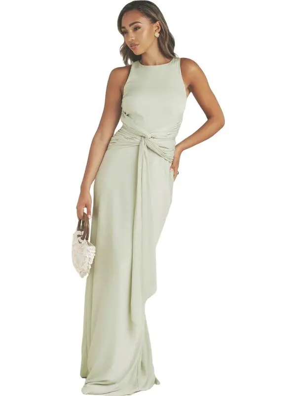 SIX STORIES Halter Neck Knot Detail Maxi Dress - Sage
