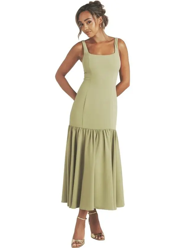 SIX STORIES Square Neck Drop Hem Midi Dress - Sage