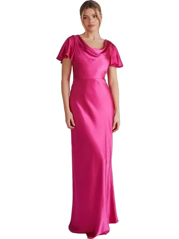 SIX STORIES Flutter Sleeve Satin Bridesmaid Dress - Fuchsia