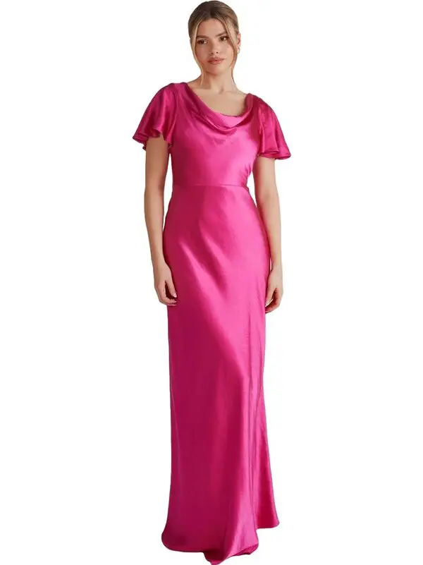 SIX STORIES Flutter Sleeve Satin Bridesmaid Dress - Fuchsia