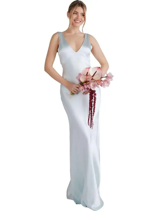 SIX STORIES Twist Back Satin Bridesmaid Dress - Ice Blue
