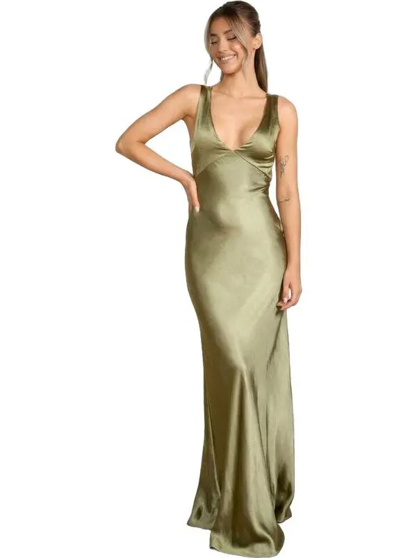 SIX STORIES Twist Back Satin Bridesmaid Dress - Moss Green
