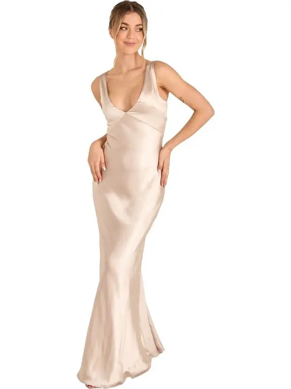 SIX STORIES Twist Back Satin Bridesmaid Dress - Oyster