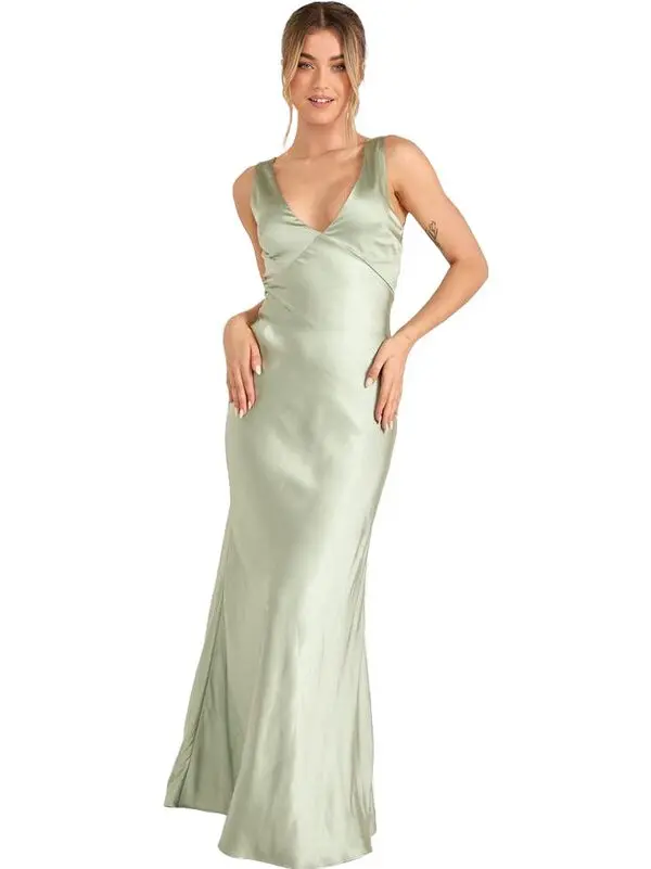 SIX STORIES Twist Back Satin Bridesmaid Dress - Sage