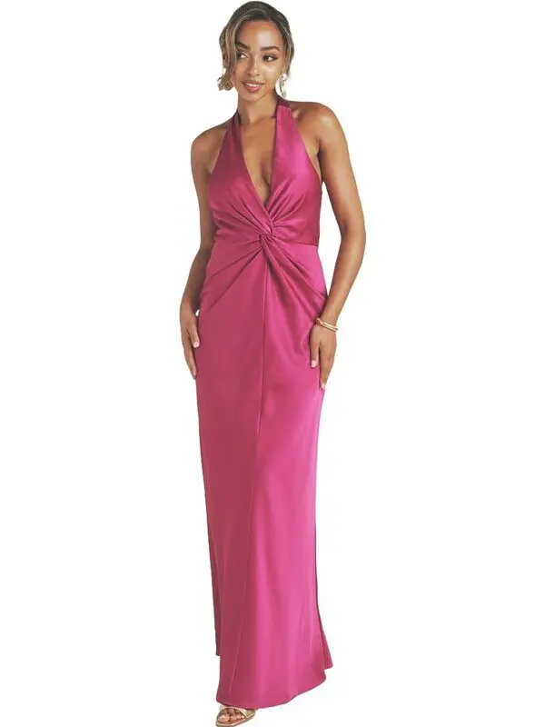 SIX STORIES Isabel Plunge Knot Detail Maxi Dress - Raspberry
