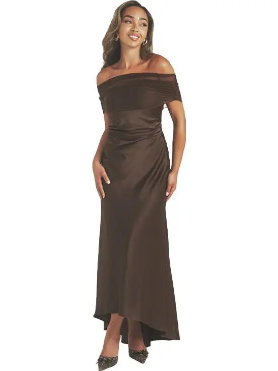 SIX STORIES Bardot Detail Satin Midaxi Dress - Mocha
