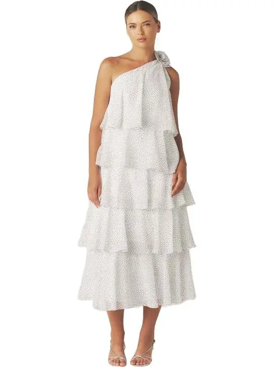 SIX STORIES Amora Corsage Detail Tiered Midaxi Dress - White