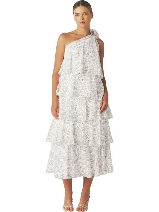 SIX STORIES Amora Corsage Detail Tiered Midaxi Dress - White