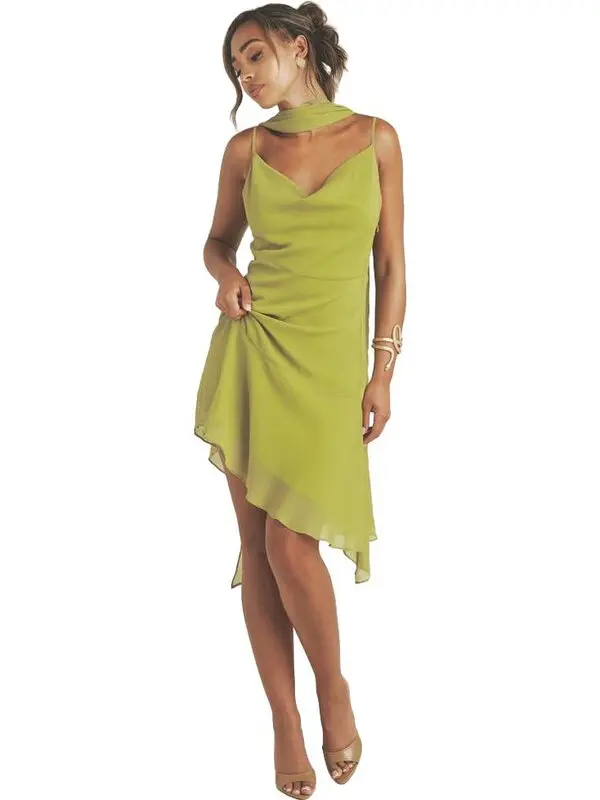 SIX STORIES Ava Cowl Neck Chiffon Mini Dress - Green
