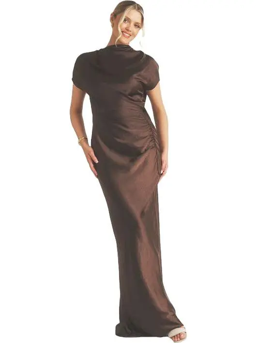 SIX STORIES Batwing High Neck Satin Dress - Chocolate