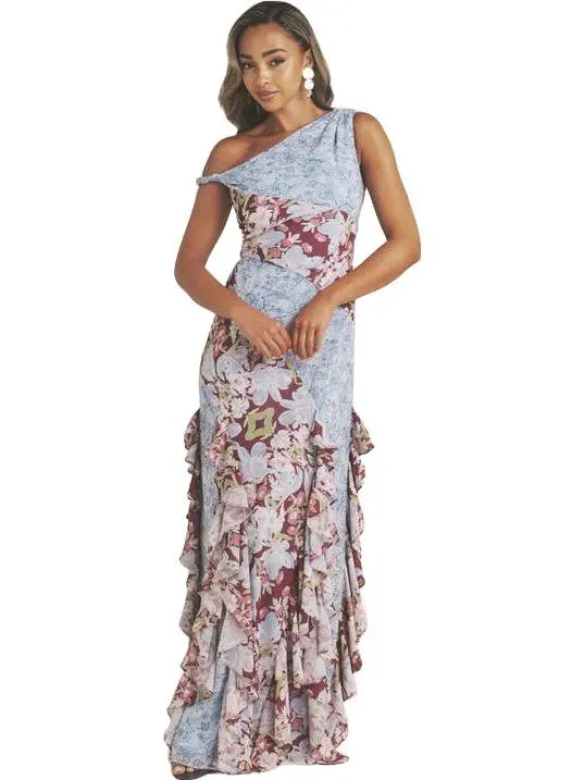 SIX STORIES Floral Print Twist Detail Ruffle Maxi Dress - Pale Blue