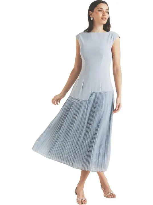 SIX STORIES Pleated Cap Sleeve Maxi Dress - Blue