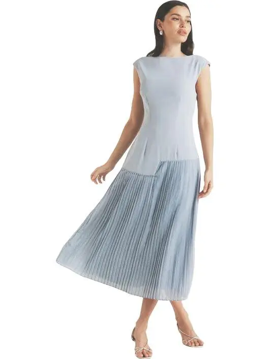 SIX STORIES Pleated Cap Sleeve Maxi Dress - Blue