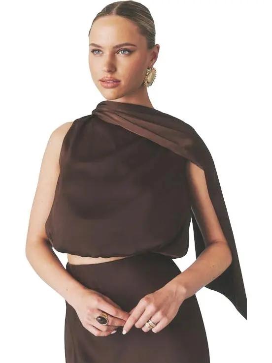 SIX STORIES Satin High Neck Top With Drape Detail - Chocolate