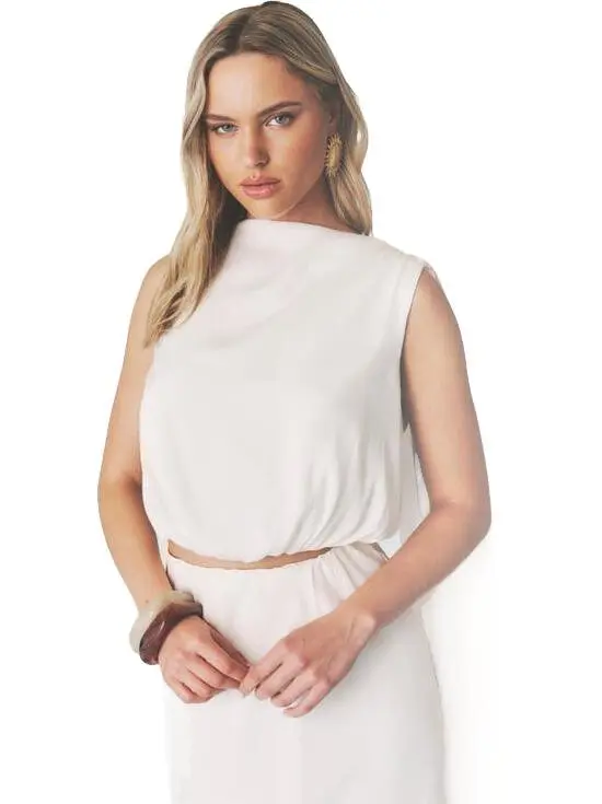 SIX STORIES Satin High Neck Top With Drape Detail - Ivory