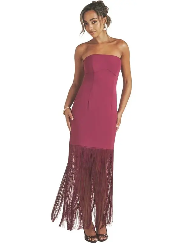 SIX STORIES Fringe Bandeau Maxi Dress - Raspberry