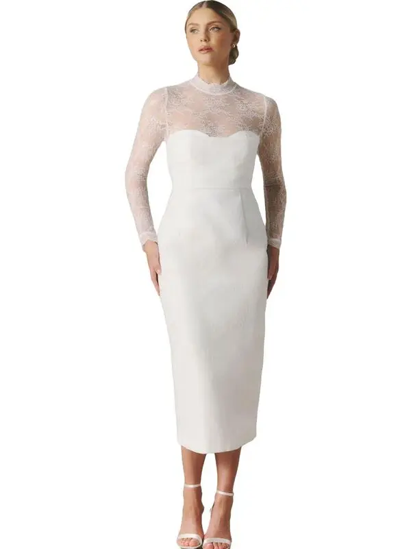 SIX STORIES Lace Sleeve Cup Detail Midi Dress - White