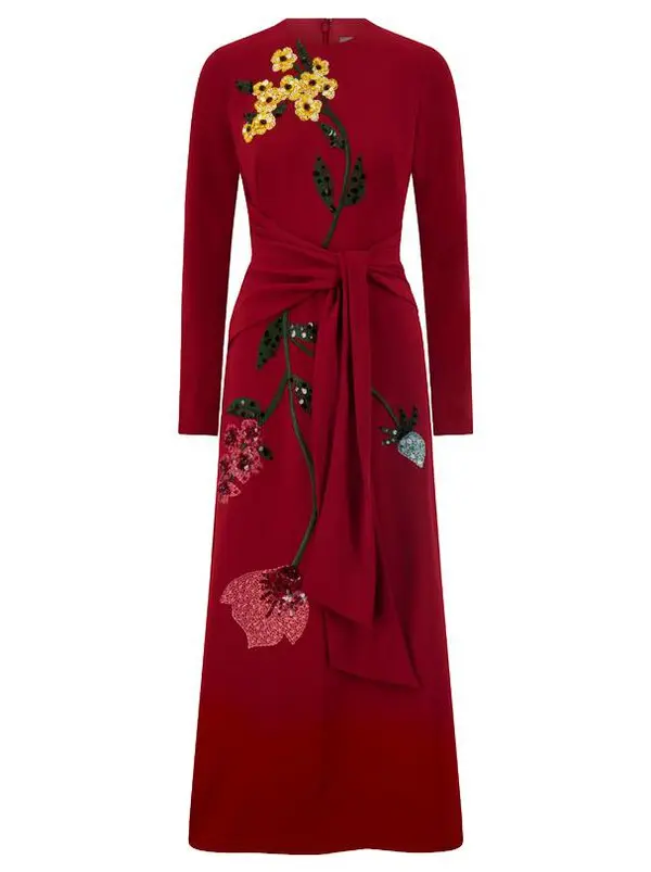 Lela Rose Floral Embroidery Tie Waist Dress - Burgundy / Purple