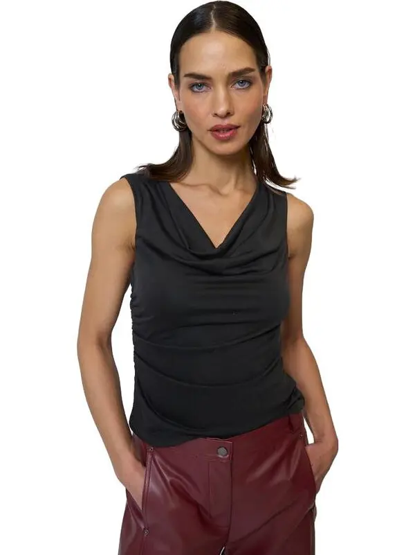 Central Park West Sleeveless Cowl Neck Top - Black