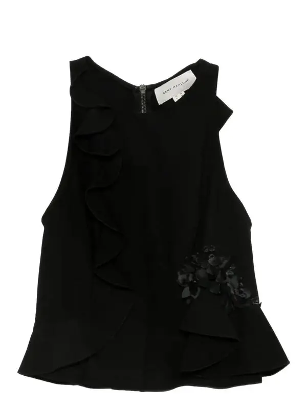 GEMY MAALOUF Ruffled Floral-embellished Top - Black