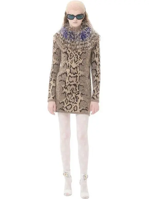 Valentino Garavani Cashmere Animal Print Dress With Feathers - Animal Print / Black / Brown / Multicolor