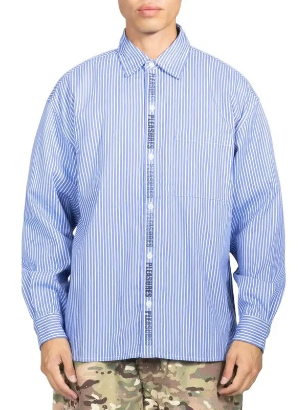PLEASURES Impact Logo Stripe Cotton Blend Button-up Shirt - Blue
