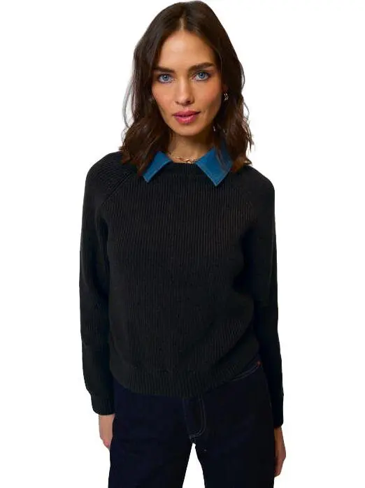 Central Park West Dash Denim Collar Pullover - Black