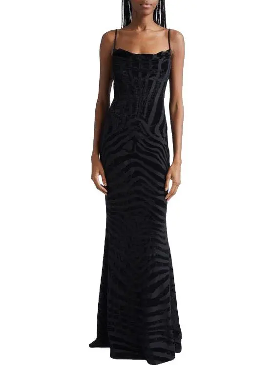 Balmain Zebra Stripe Velvet Gown - 0pa Black