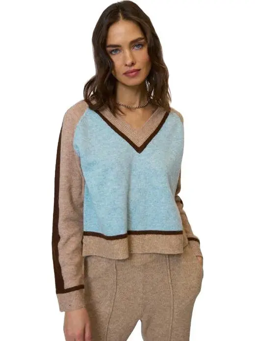 Central Park West Color Blocked V-neck Sweater - Blue Multi