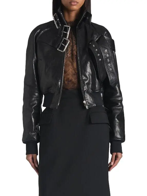 Alexander McQueen Lambskin Leather Cropped Bomber Jacket With Belt Detail - Black