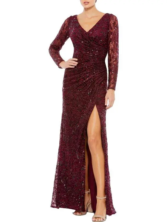 Mac Duggal Long Sleeve Sequined V-neck Gown - Garnet