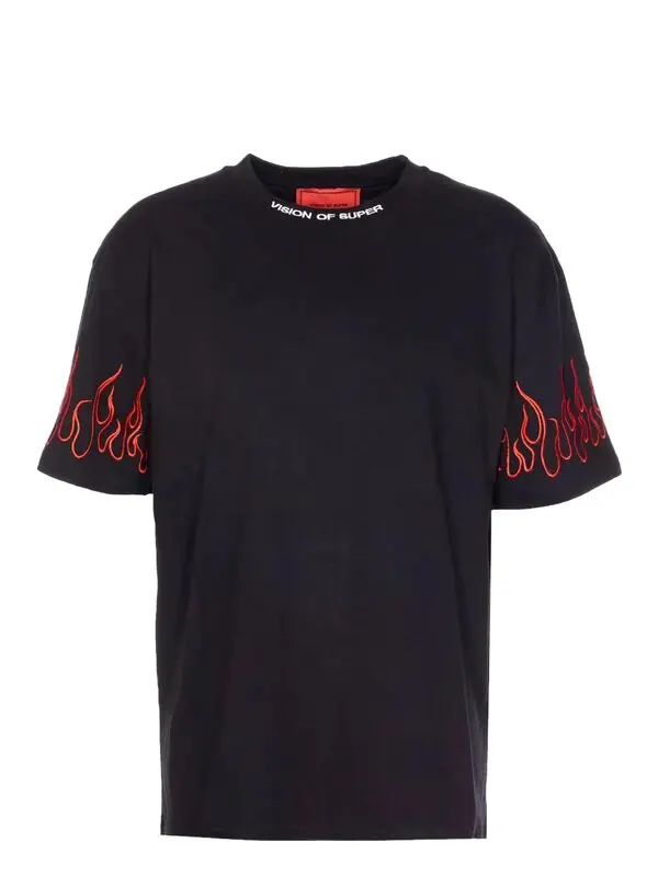 VISION OF SUPER Embroidered-flame Crew Neck T-shirt - Black