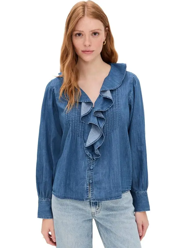 Madewell Denim Ruffled Pintuck Top - Lambertville Wash