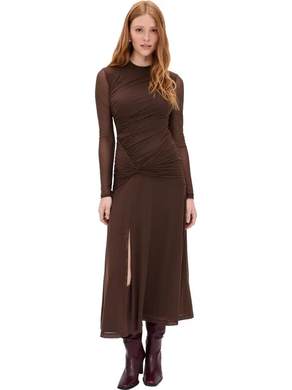 WAYF Selene Ruched Long Sleeve Dress - Chocolate