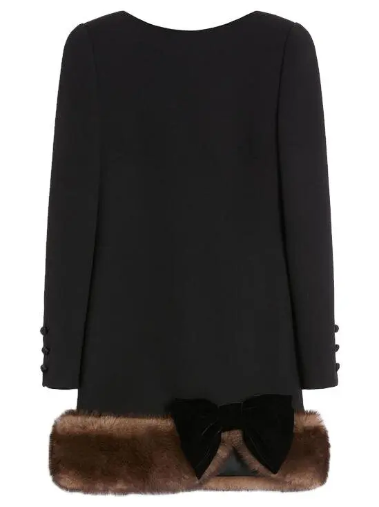 Valentino Garavani Wool Crepe Short Dress With Shearling Trim - Black
