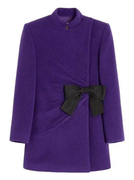Valentino Garavani Velour Pea Coat With Faille Bow - Purple/black