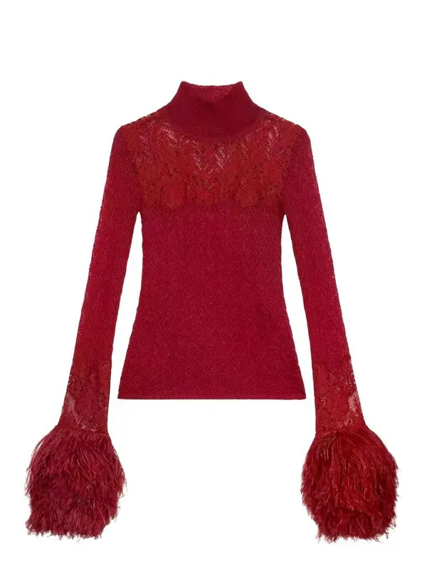Blumarine Feather-trimmed Lace Top - Red