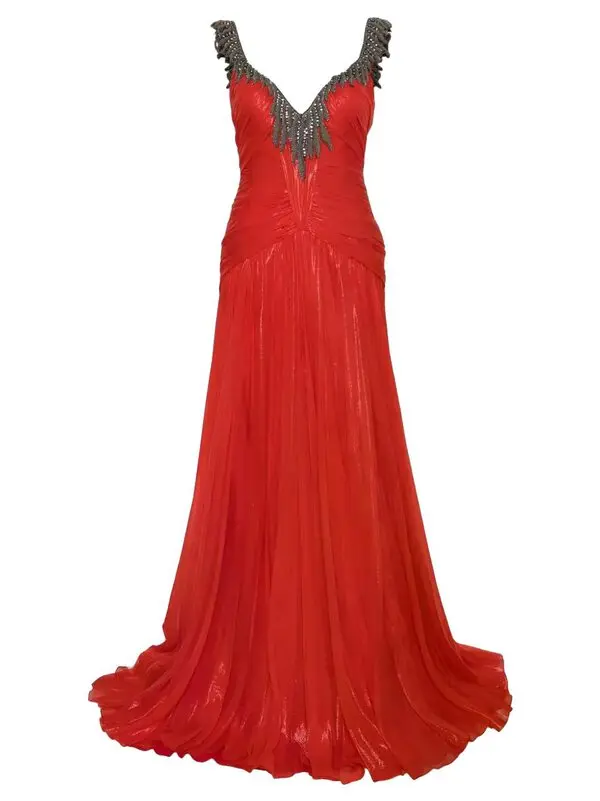 GEMY MAALOUF Embellished Pleated Maxi Dress - Red