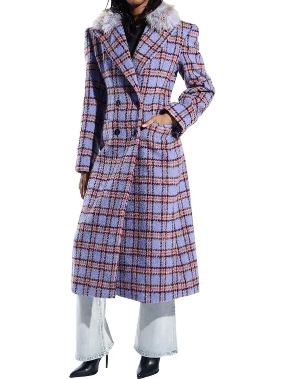 AZALEA WANG Plaid Trench Coat With Faux Fur Collar - Lavender
