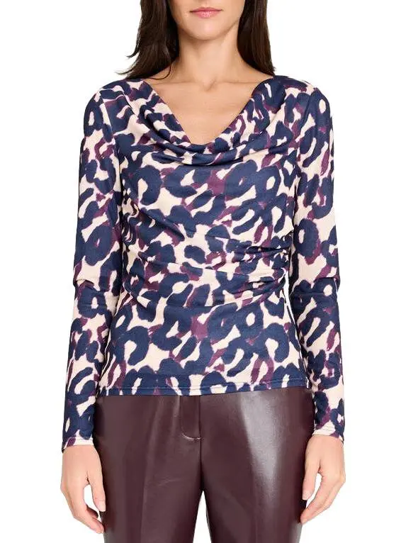 TAHARI ASL Abstract Leopard Print Cowl Neck Top - Plum Leopard