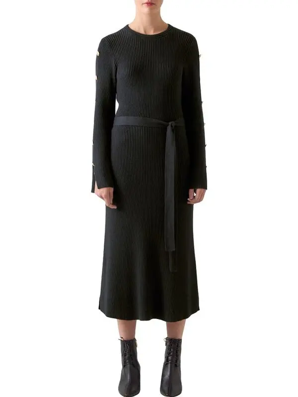 LK BENNETT Mirren Long Sleeve Rib Organic Cotton Maxi Dress - Black