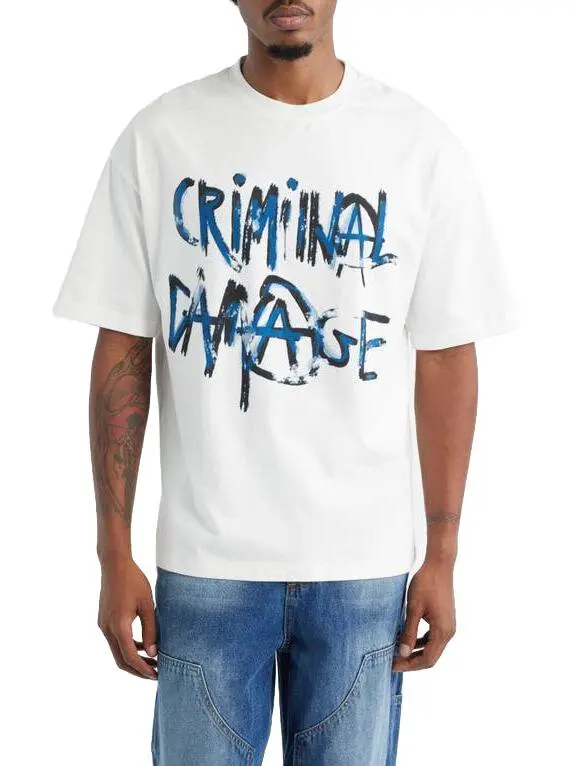 CRIMINAL DAMAGE Spray Logo Cotton T-shirt - Off White