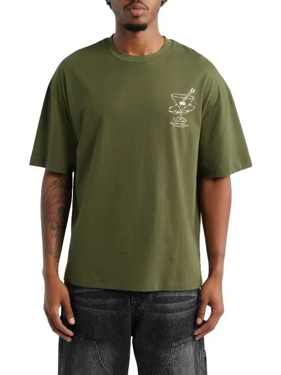 CRIMINAL DAMAGE Cocktail Lounge Oversize Graphic T-shirt - Dark Khaki