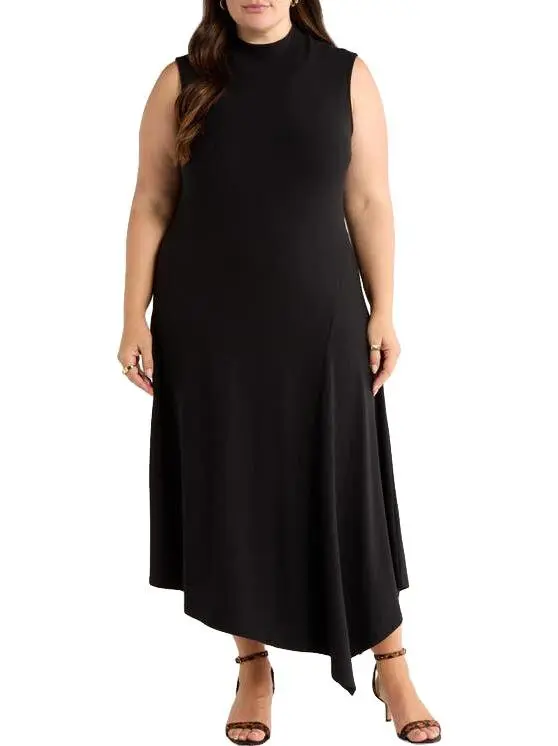 Treasure & Bond Mock Neck Asymmetrical Maxi Dress - Black