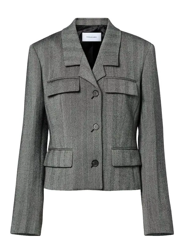 FERRAGAMO Herringbone Wool-blend Blazer - Grey