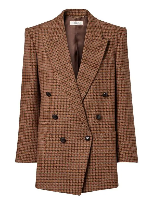 Chloé Checked Double-breasted Wool-blend Blazer - Brown