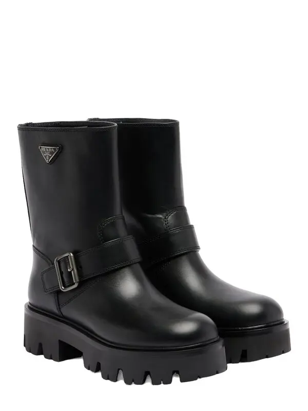 Prada Stride Leather Biker Boots - Black